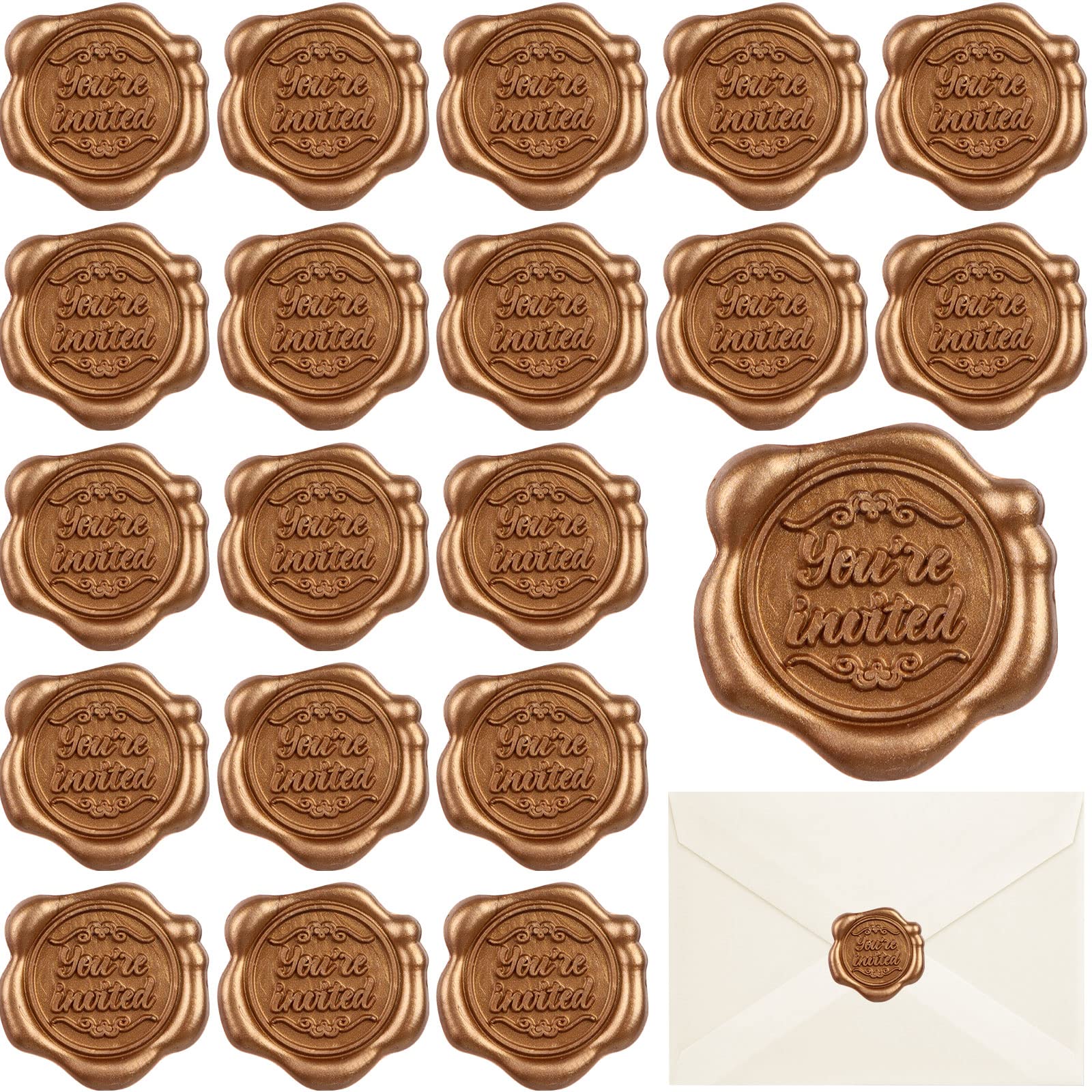 100 Pack You're Invited Wax Seal Stickers Invitation Envelope Seals Bronze Envelope Seal Stickers Rustic Wax Stamp Seal Self Adhesive Wedding Wax Seal for Birthday Christmas Party Supply