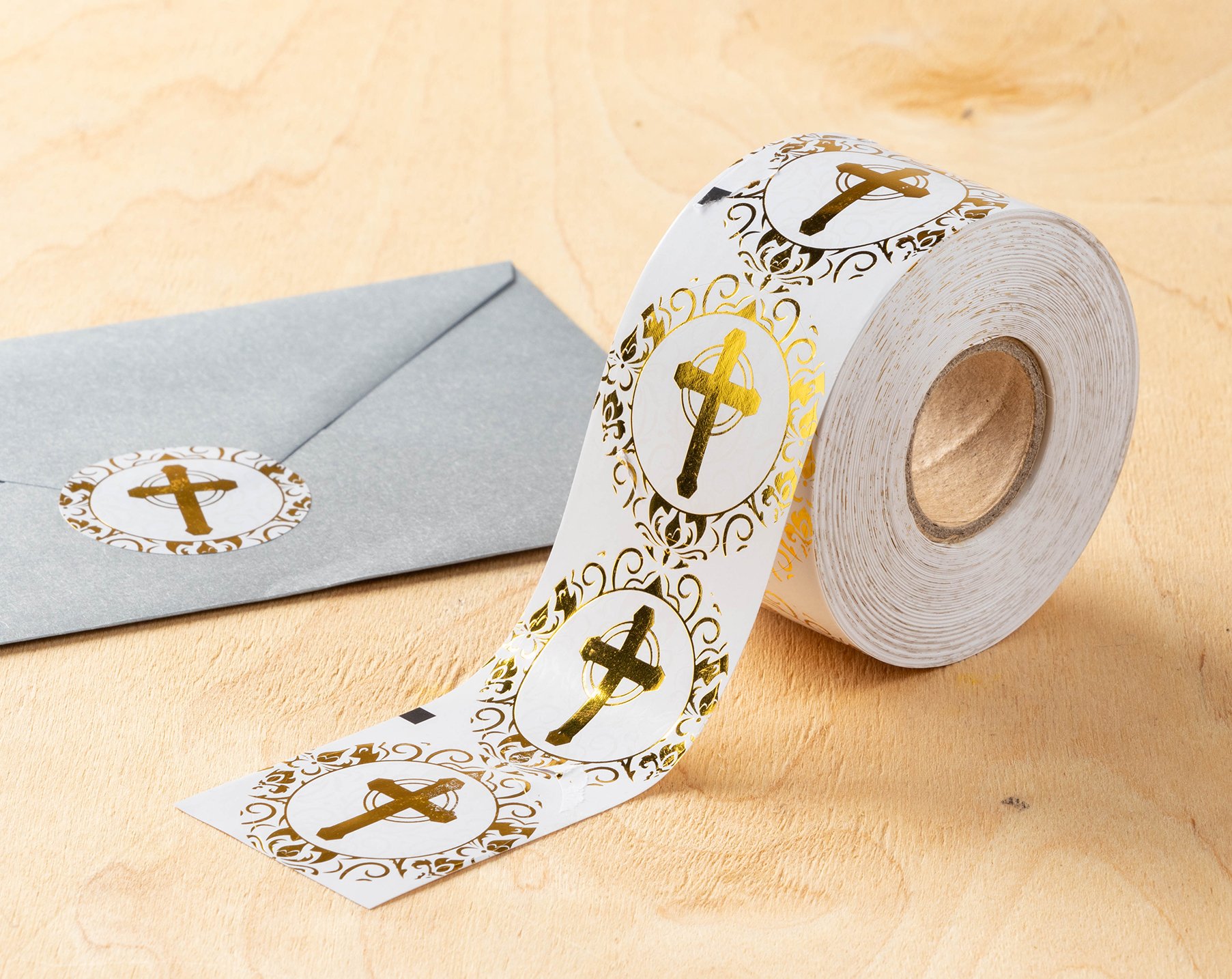 500 Count Religious Stickers - Gold Foil Cross Sticker, 1.5 inch Cross Design Round Labels with Gold Foil Finish, Envelope Seals, Easter Themed Party Favors