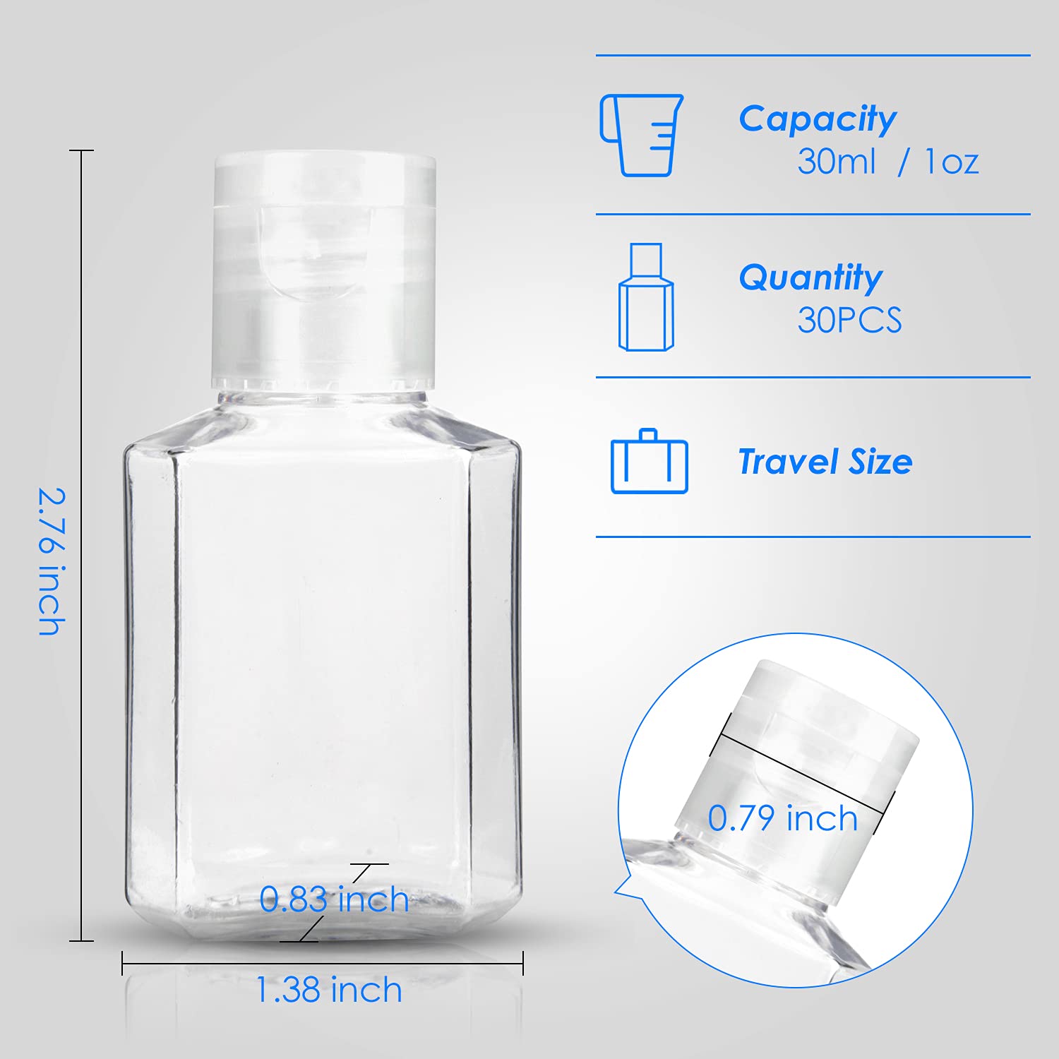 30 Pieces 1 oz Plastic Bottles Clear Travel Bottles with Flip Cap Portable Empty Hand Sanitizer Bottles, Refillable Containers for Travel Business Trip