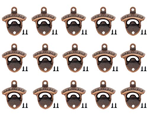 15pcs Latest Wall Mounted Bottle Openers for Vintage Rustic Bar or Restaurant Vintage Rustic Bar or Restaurant Vintage Beer Bottle Opener Suitable for Bars KTV Hotels Homes(Red copper, 15)