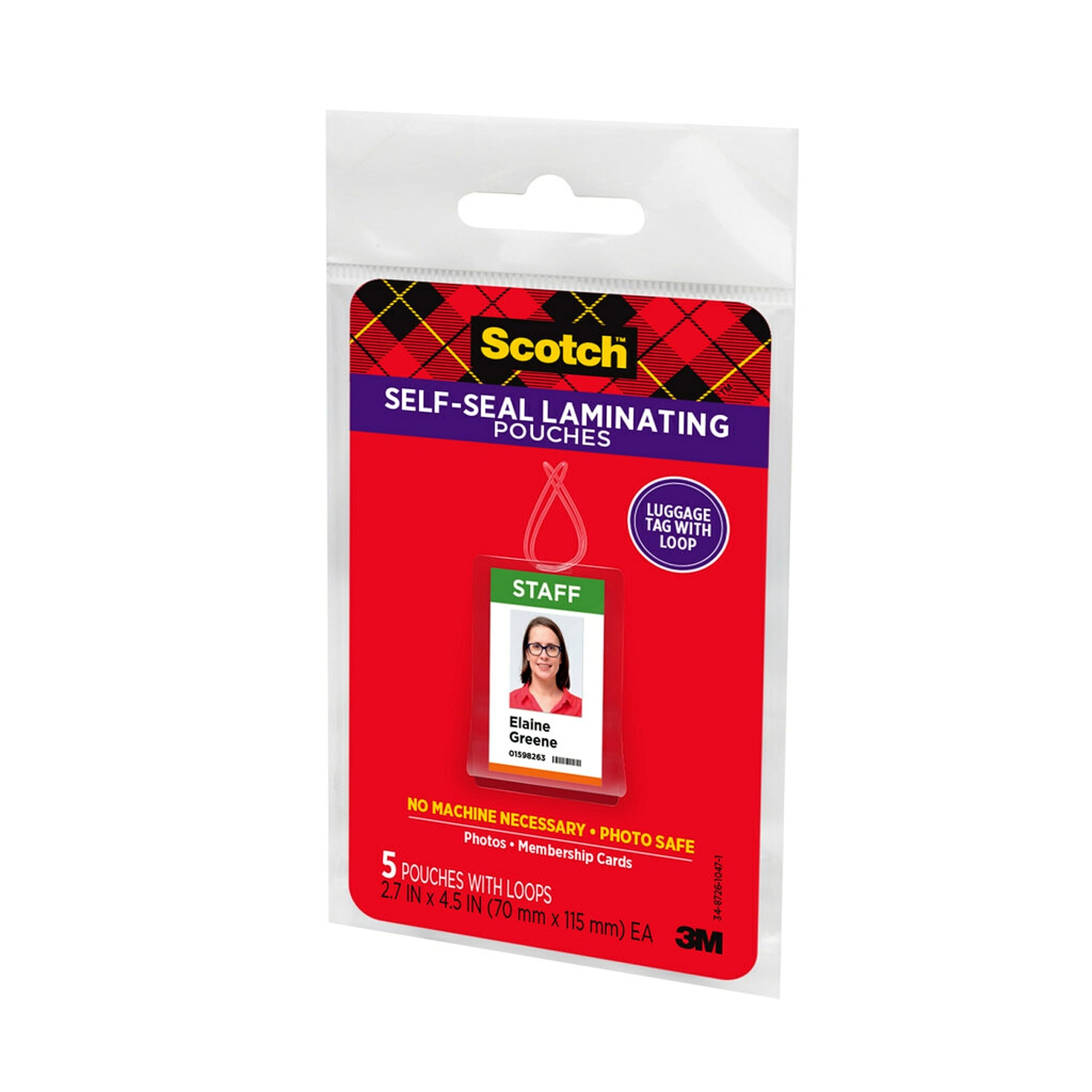 3M Scotch Self-Sealing Laminating Pouches, Bag Tags with Loops, Glossy, 5 Pouches (LS853-5G)