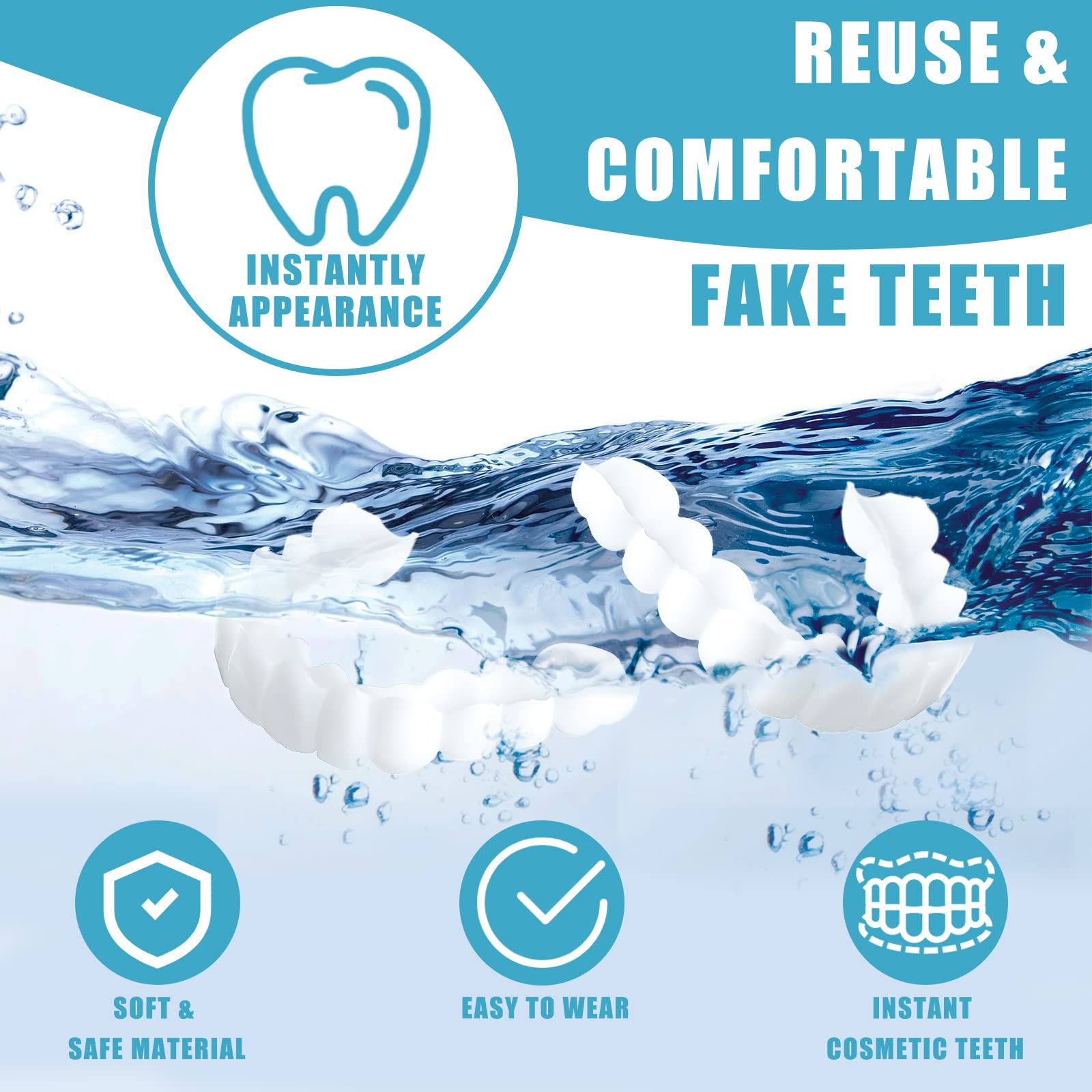 2 Set Fake Teeth Denture Teeth Veneer Snap in Teeth Confidence Smile Dentures Veneer Fake White Teeth with 2 Pieces Mini Tweezers for Halloween Men and Women Bad Teeth Whitening Alternative