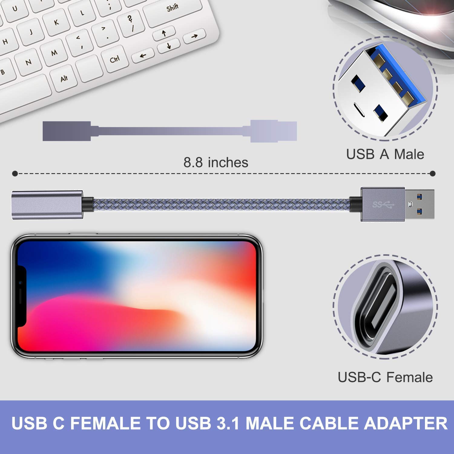 Basesailor USB C Female to A Male Adapter, Compatible with iPhone 11, Mini Pro, iPad Air, Samsung Galaxy Note 10, Able to Charge or Transfer Data