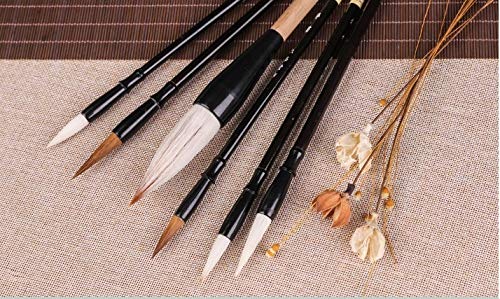 6 Pcs Brush Pen Set with Stand Holder Chinese Calligraphy Painting Art Wood Shelf Include Writing Brush