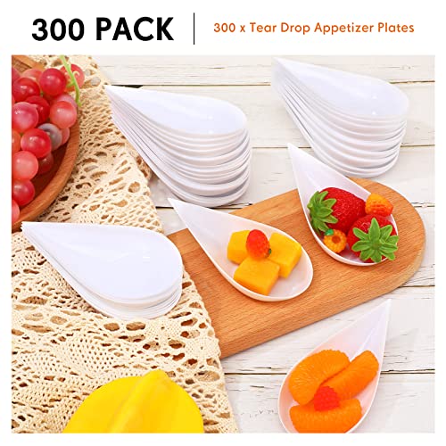 300 Pcs 4 Inch Tear Drop Mini Appetizer Plates Plastic Spoons Catering Supplies Small Mini Spoons Tasting Spoons Appetizer Dishes Mini Dessert Bowls Dessert Spoons Disposable Spoons for Party (White)