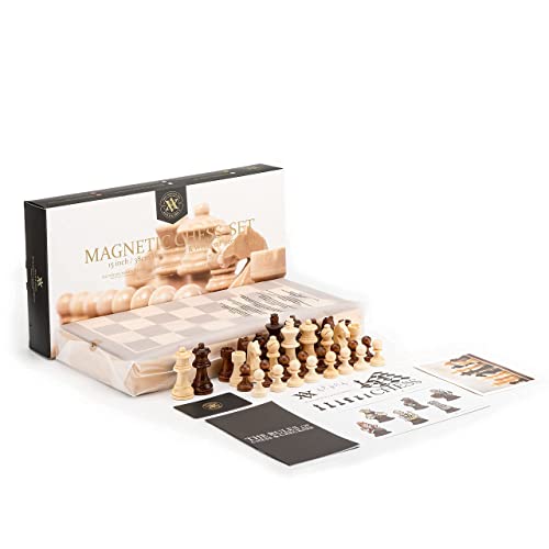 A&A 15 inch Foldable Wooden Magnetic Chess Set w/ 3 inch King Height Staunton Chess Pieces - Pine Box w/Mahogany & Maple Inlay