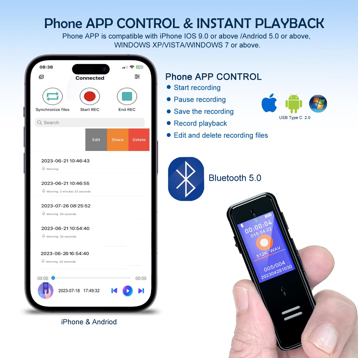 128GB Voice Recorder,Smart Recording Device with Phone APP One-Touch Recording,Capacity is 1600 Hrs Voice Recorder with Playback, Audio Recorder for Lectures, Meetings, Cars, Interviews,Class (128GB)