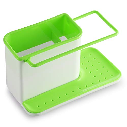Kitchen Sponge Holder for Sink - Kitchen Sink Caddy - Sink Organizer with Brush Dispenser Holder and Drain Pan Tray - Dish Sponge Holder β Dual Use Sponge Brush Soap Dish Holder with Rag Rack