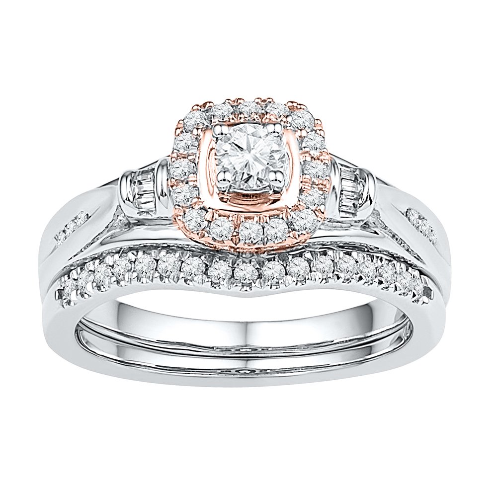 10K White Gold & Rose Gold Diamond Halo Bridal Wedding Engagement Ring Band Set 1/2 Ctw.
