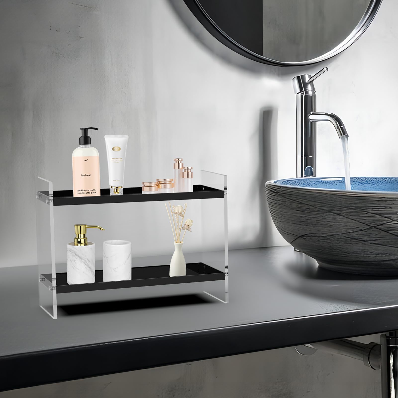 2 Tier Bathroom Countertop Organizer, Acrylic Tray Vanity Counter Skincare Organizer Shelf, Kitchen Standing Rack, Home Storage Holder for Lotion Makeup Cosmetics Perfume Spice