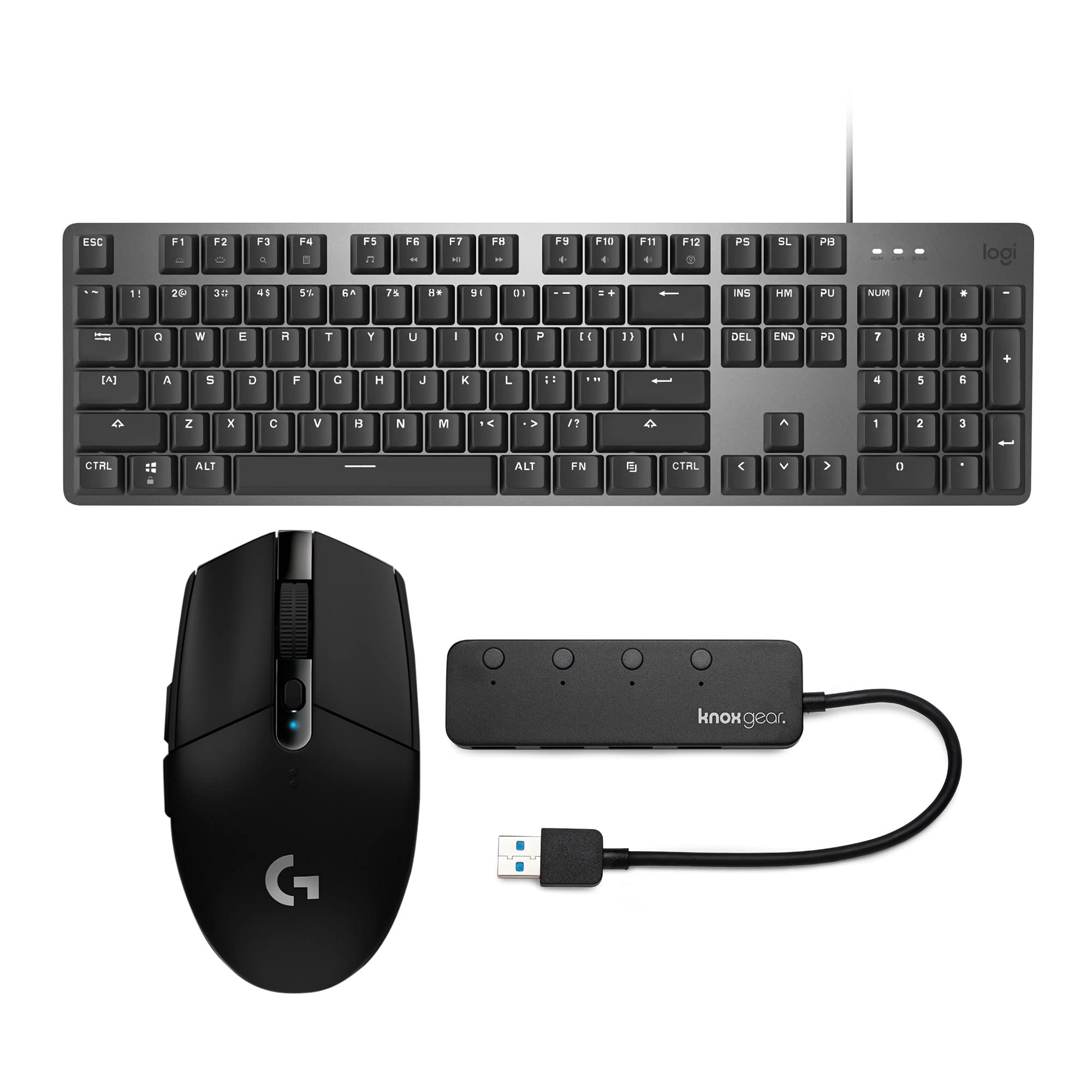 Logitech K845 Illuminated Keyboard (Cherry Red Switches) with Logitech G305 Gaming Mouse and Knox Gear 4-Port USB Hub Bundle (3 Items)