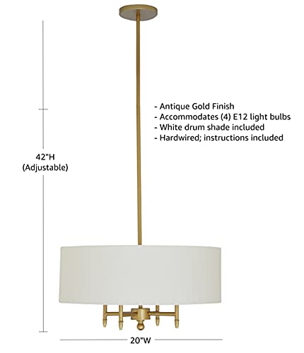Amazon Brand β Stone & Beam Contemporary Pendant Chandelier with White Shade - 20 x 20 x 42 Inches (Adjustable Height), Antique Brass