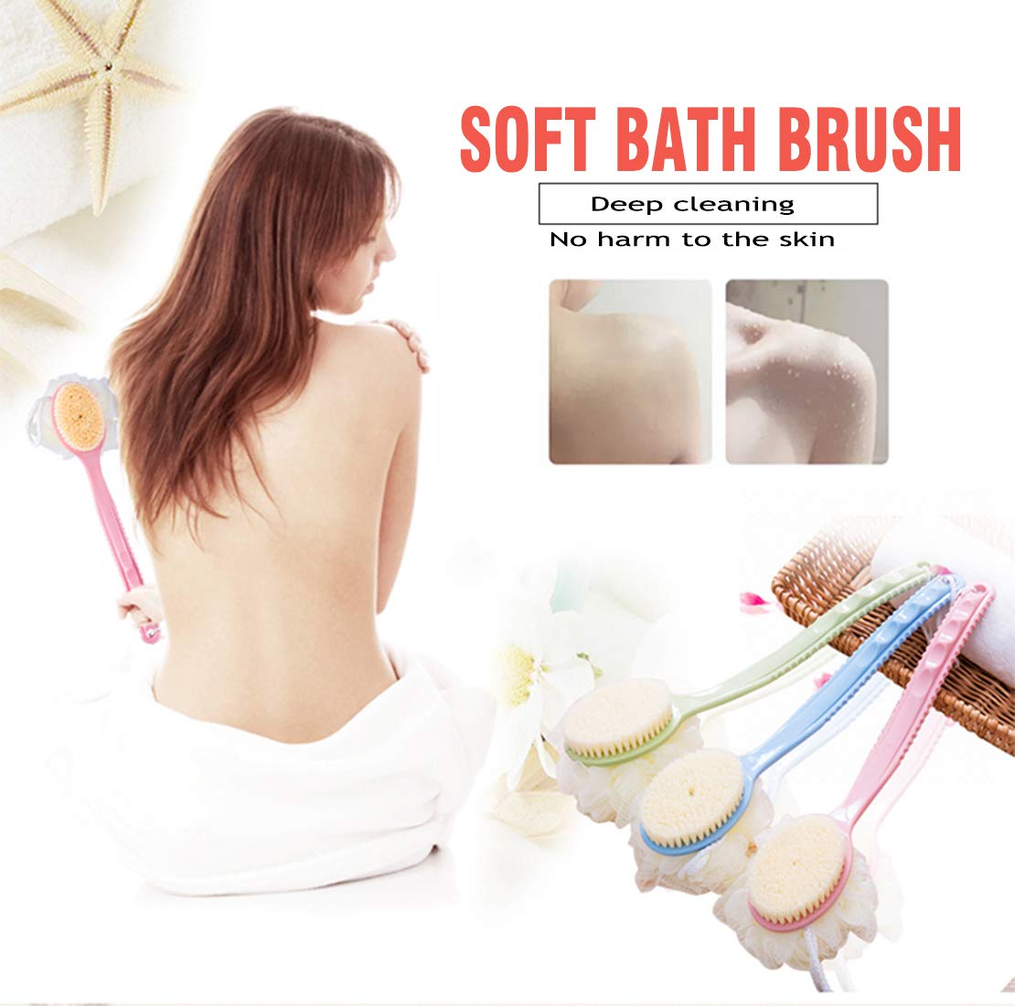 AARainbow 2 Packs Shower Body Brush with Bristles and Loofah, Back Scrubber Mesh Sponge with Curved Long Handle for Skin Exfoliating Bath, Massage Bristles Suitable for Men and Women (1Gray+1Pink)