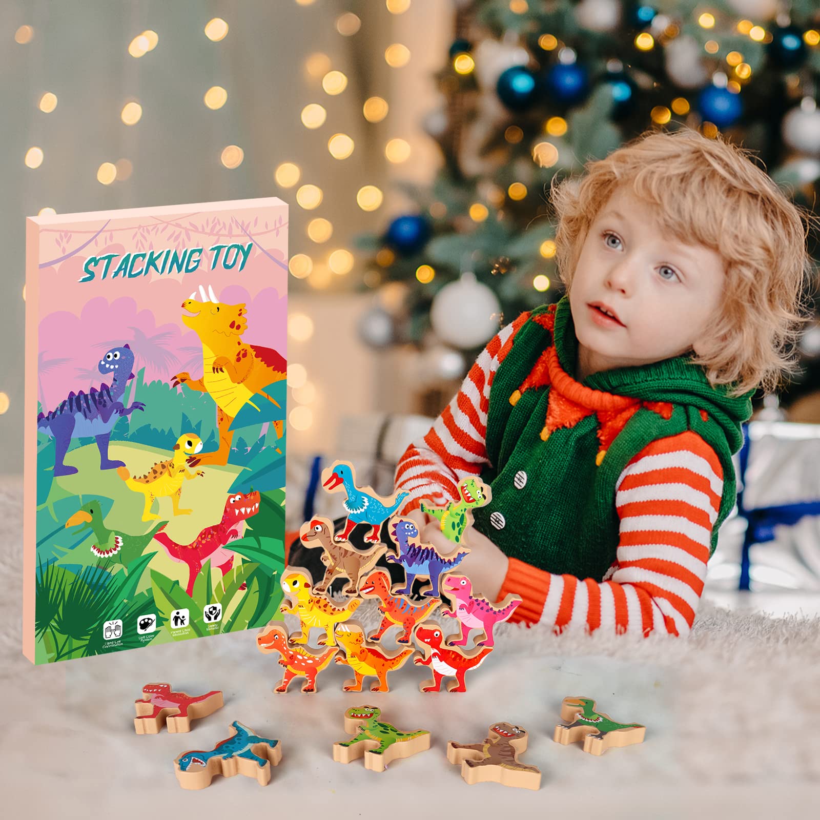 14-Piece 3-Inch Wooden Dinosaur Stacking Toys for Kids 3-7, STEM Educational Party Favors