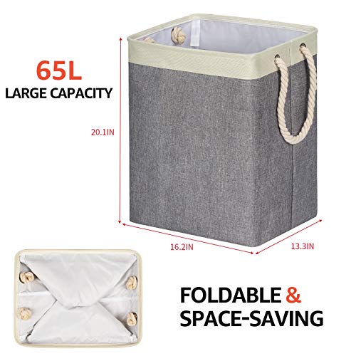 COSYLAND Laundry Basket with Rope Handles 65L Collapsible Linen Hamper Foldable Nursery Storage Baskets Bin for Bathroom, Toys and Clothing Organization