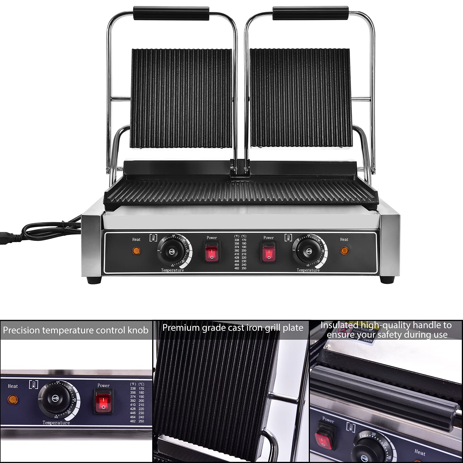 Bavnnro 110V Commercial Sandwich Machine,Commercial Sandwich Panini Press,Power 2x1800W,Temperature Control 122°F-572°F,Commercial Kitchen Equipment(Souble Grooved Plates)