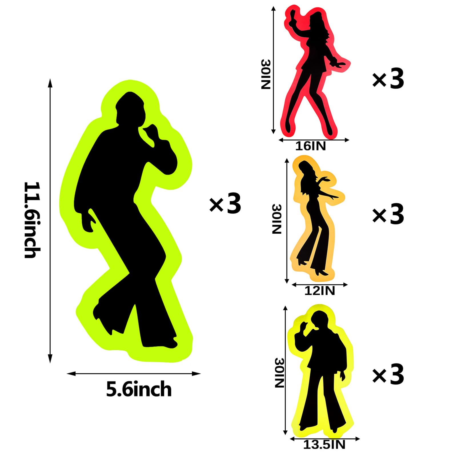 12 Pieces Retro 70s Silhouettes Dance Silhouettes Cutouts Disco Silhouette 80's Vintage Party Supplies Wall Stickers for 70s 80s Theme Party