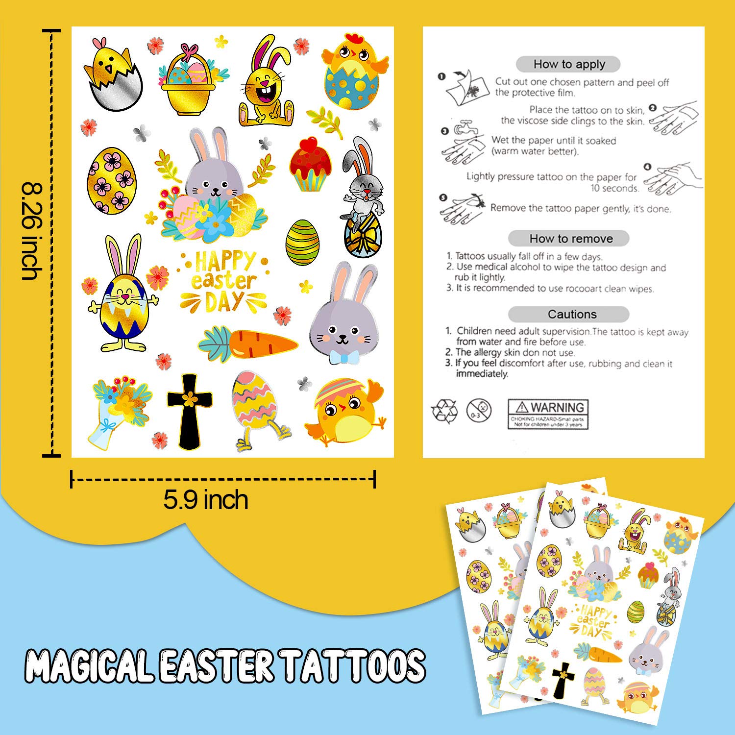 34 Metallic Glitter Styles Easter Temporary Tattoos for Kids, Easter Eggs Decorations Party Supplies Favors, Easter Tattoos Stickers for Boys and Girls (2 Sheets)