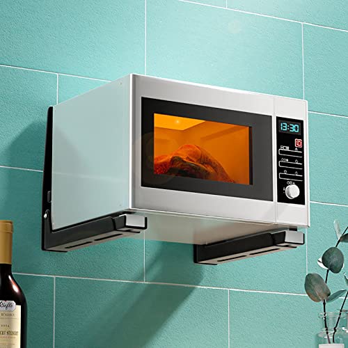 304 Stainless Steel Microwave Wall Mount Brackets Universal Shelf Wall Bracket Telescopic Microwave Oven Rack Adjustable Folding Sturdy Kitchen Accessories (Black)