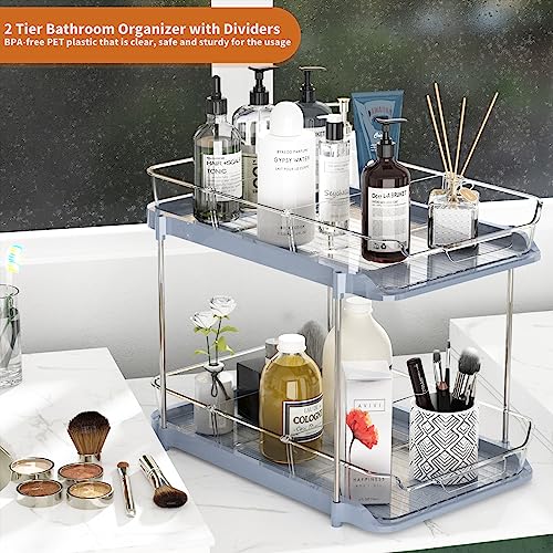 2 PCS Under Sink Organizers and Storage - 2 Tier Clear Bathroom Organizer Countertop, Multifunction Pull out Cabinet Organizer with 4 Movable Dividers, For Home, Kitchen, Office, Cabinet