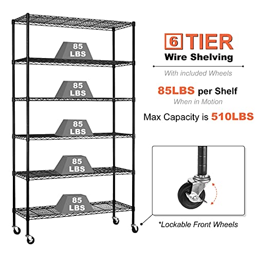 6 Shelf Wire Shelving Adjustable Storage Shelves Steel Wire Rack Metal Shelf 2100Lbs Capacity Standing Storage Shelf Units for Laundry Kitchen Garage Pantry Closet ( Black, 48" L x 18" W x 82")