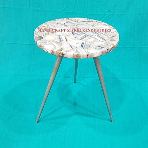18" Inch Round Natural Grey White Brown Agate Coffee Table with Metal Base, Stone Coffee Table, Agate Table Top, Agate Round Coffee Table