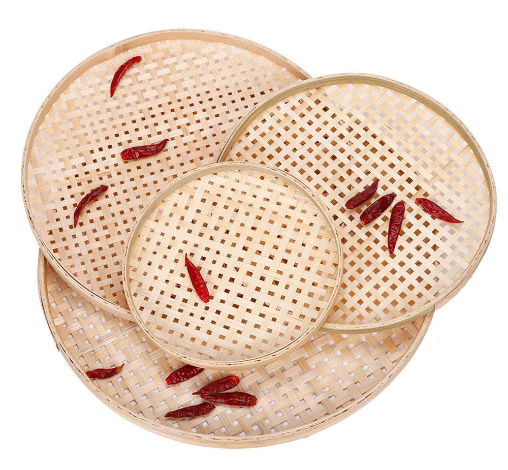 100% Handwoven Flat Wicker Round Fruit Basket Woven Food Storage Weaved Shallow Tray Organizer Holder Bowl Decorative Rack Display Kids DIY Drawing Board (Sqaure Hollow-Bamboo White, 18cm/7")