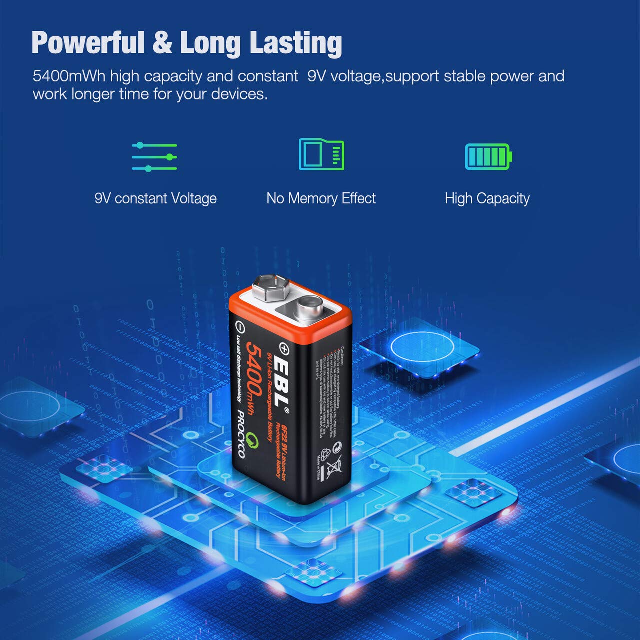 EBL Rechargeable 9V Lithium Batteries, 5400mWh USB 9 Volt Li-ion Batteries Long-Lasting(2 Pack)