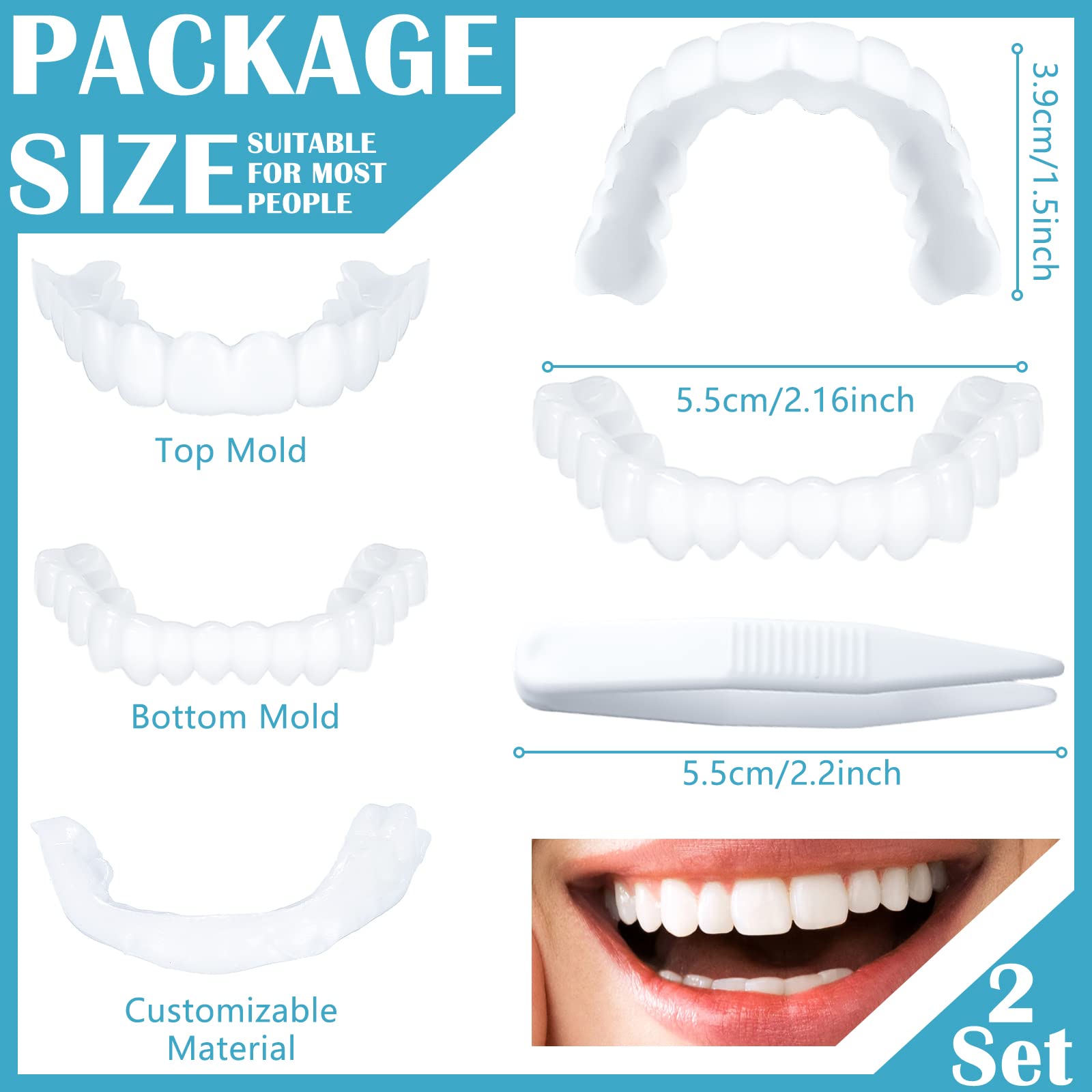2 Set Fake Teeth Denture Teeth Veneer Snap in Teeth Confidence Smile Dentures Veneer Fake White Teeth with 2 Pieces Mini Tweezers for Halloween Men and Women Bad Teeth Whitening Alternative