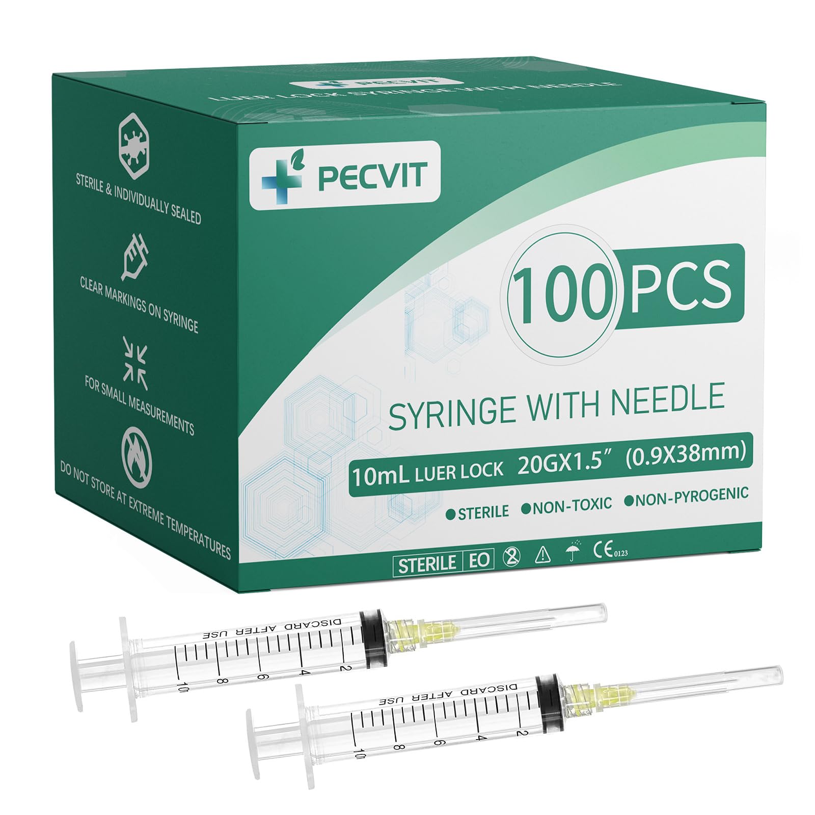 100Pcs 10ml Syringe with 20Ga 1.5 inch for Scientific Labs,Liquids Refilling and Measuring,Individually Wrapped.