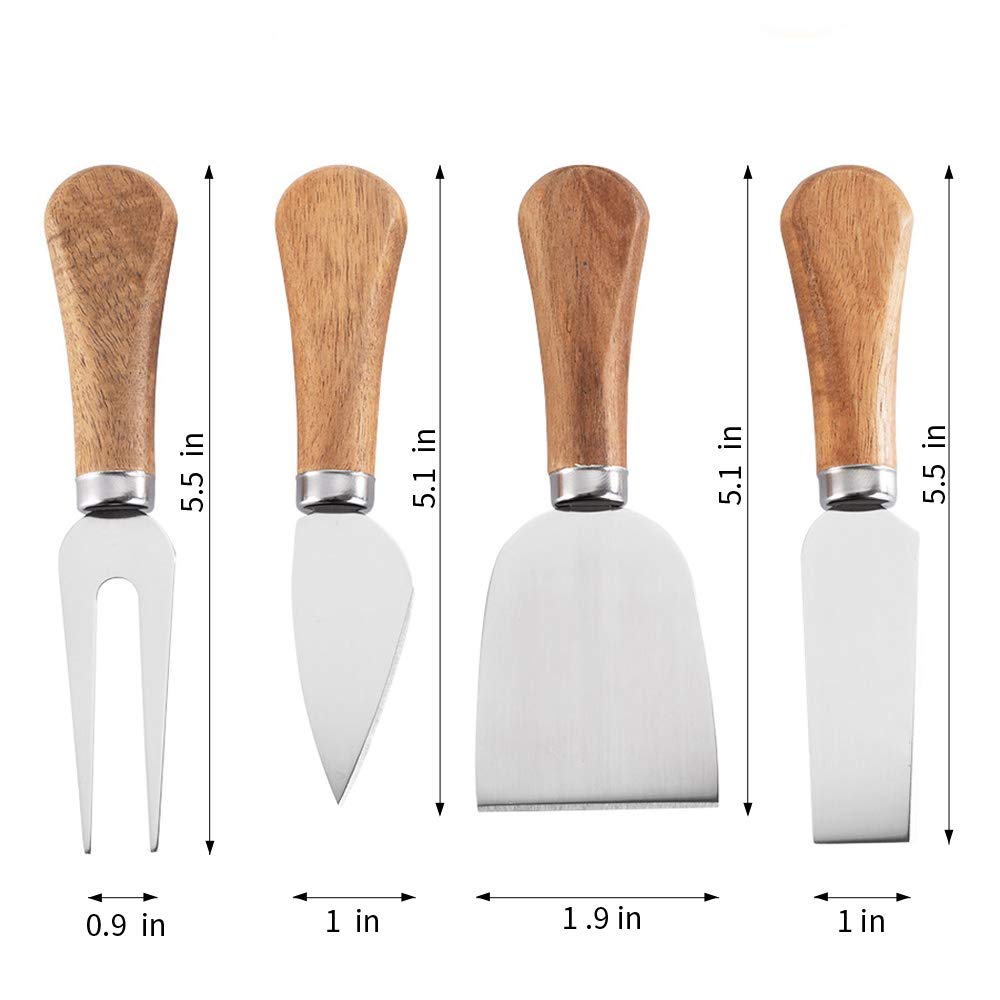 4 Piece Set Cheese Knife - Stainless Steel Cheese Cutter Board and Slicer, Fork Shaver and Spreader with Wood Handle, Sharp Butter Knife and Spatula for Cake Cutlery