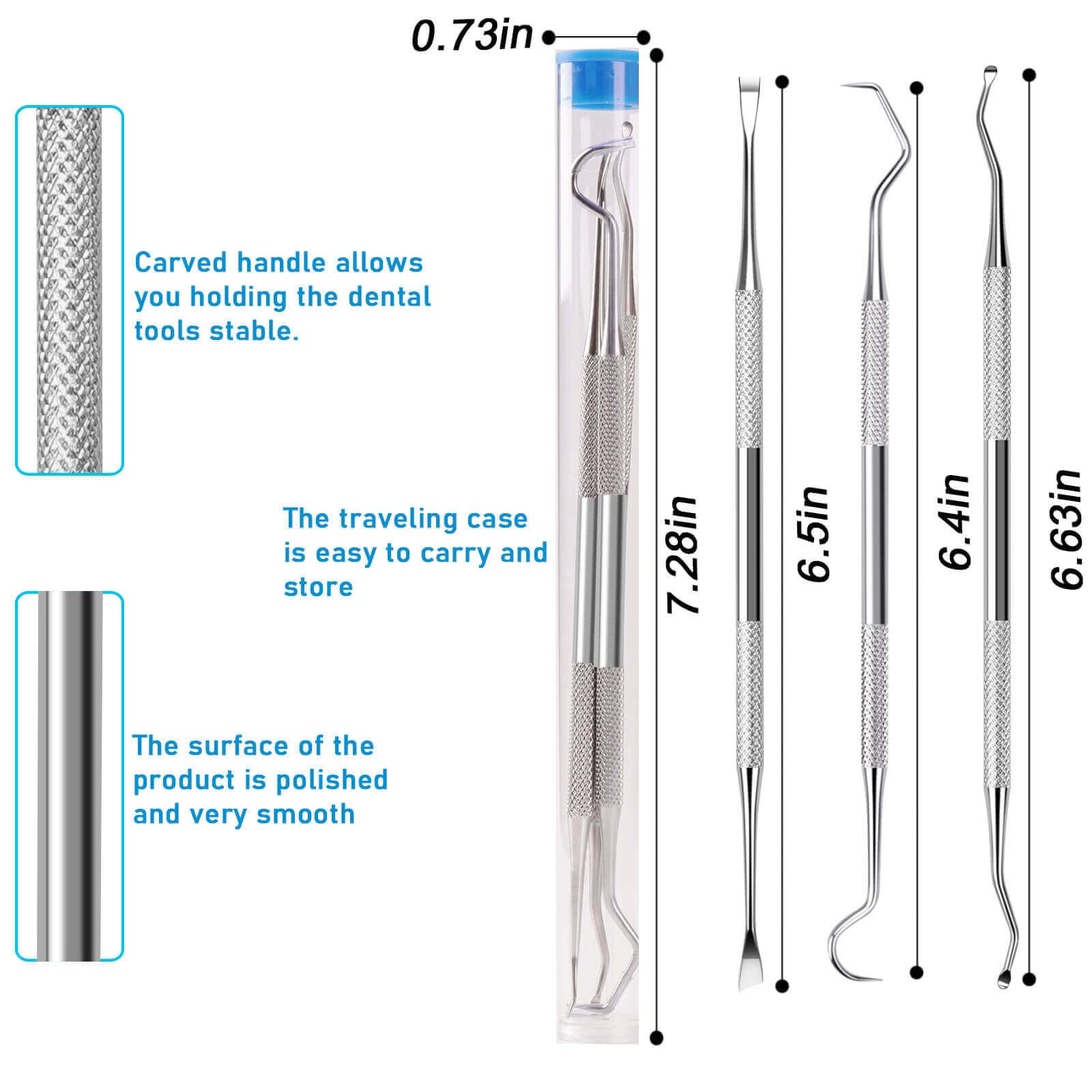 3Pcs Dental Tools, 100% Surgical 304 Stainless Steel Dental Pick, Professional Teeth Cleaning Kit for Home Use, Tartar Plaque Remover for Teeth Dentist Tools, Dental Scaler- with Traveling Case