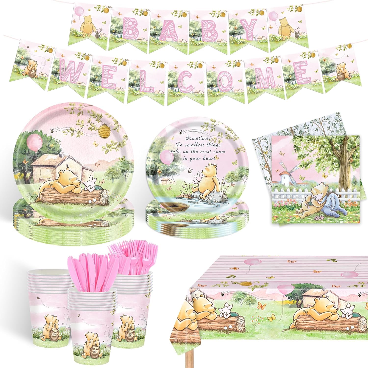 122PCS Classic Bear Baby Shower Party Supplies for Baby Girls Kids1st First Birthday Pink Neutral Winnie Bear Themed Disposable Tableware Set Plates Napkins Cups Tablecloths Banners for 20 Guests