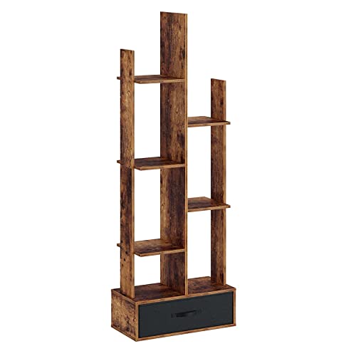 Rolanstar Bookshelf with Drawer, Rustic Wood Bookshelves, Free Standing Book Shelf Industrial Shelf Free Standing Storage Shelf for Bedroom, Living Room, Home Office, Rustic Brown
