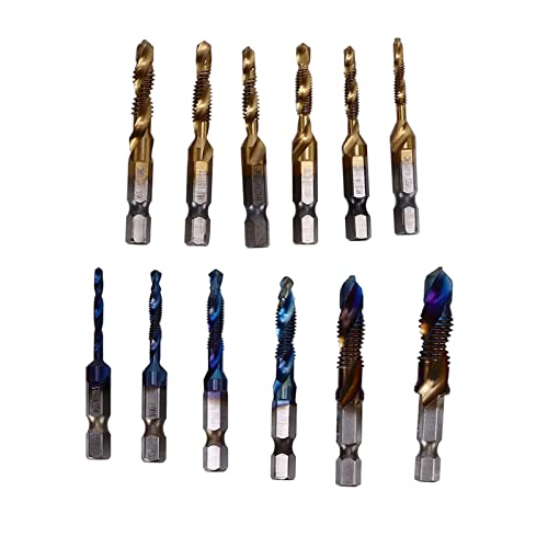 12Pcs Combined Tap Drill Bit Set HSS Metric Blue Plating Imperial Ti Plated 1/4in Hex Shank Combined Threading Drill Bit Set Drillbits