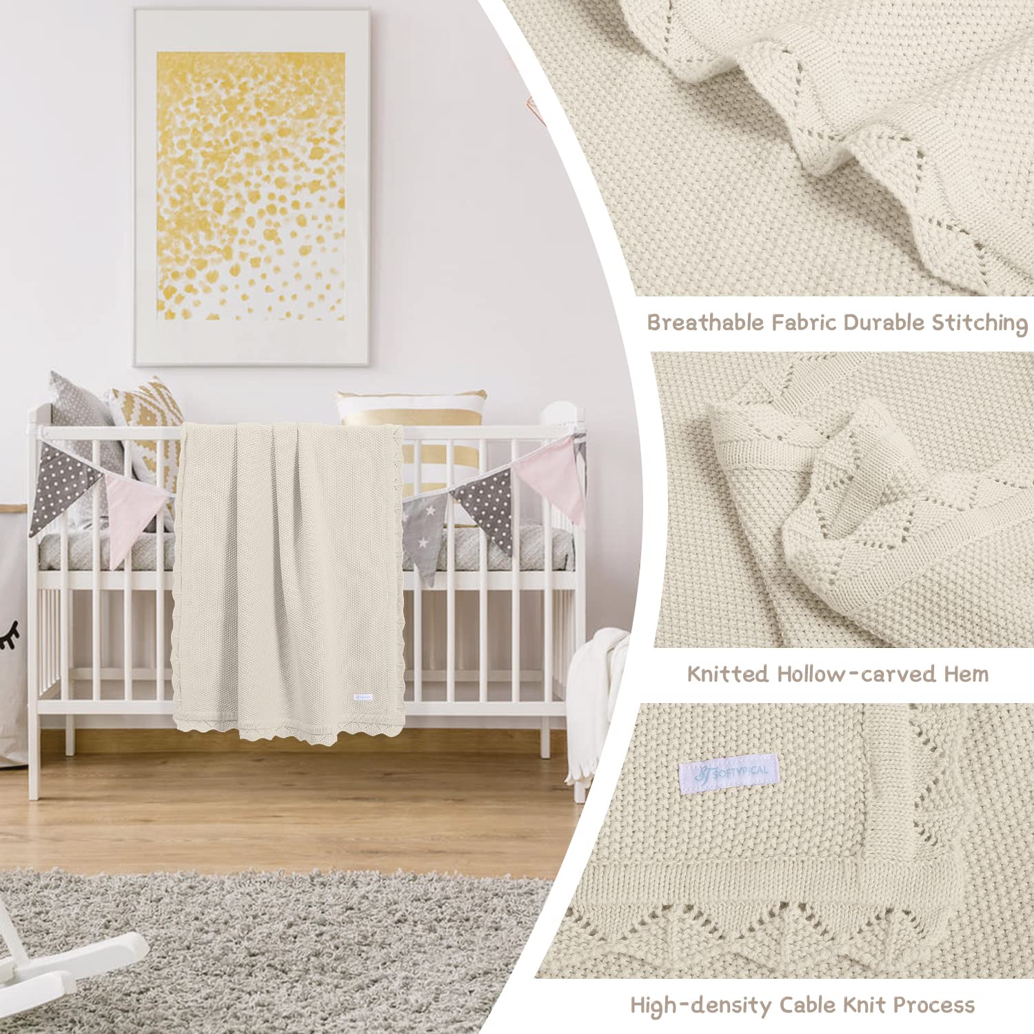 100% Cotton Baby Blanket Knit Lace Soft Warm Toddler Blanket, 30 x 40 Inches,Beige Melange