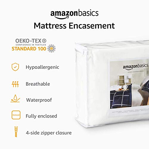 Amazon Basics 18 inches Zipper Enclosed Waterproof Mattress and Box Spring Cover Protector, Queen Size, 12 to 18 Inch Depth, White