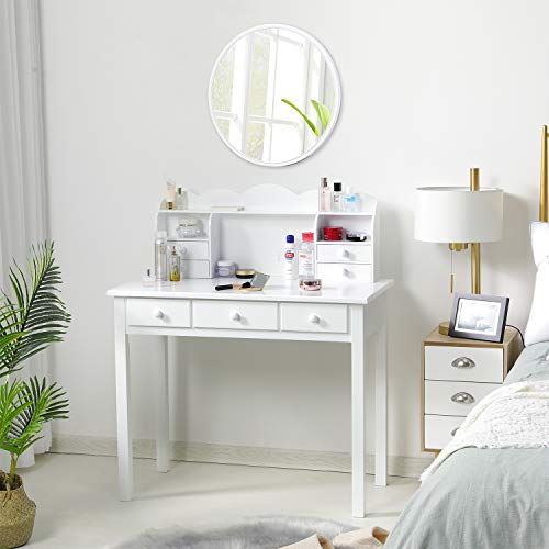 ADORNEVE Writing Desk with 7 Drawers, Home Office Desk with Hutch,Student Desk Study Table, Small White Desk, Solid Pine Wood Legs