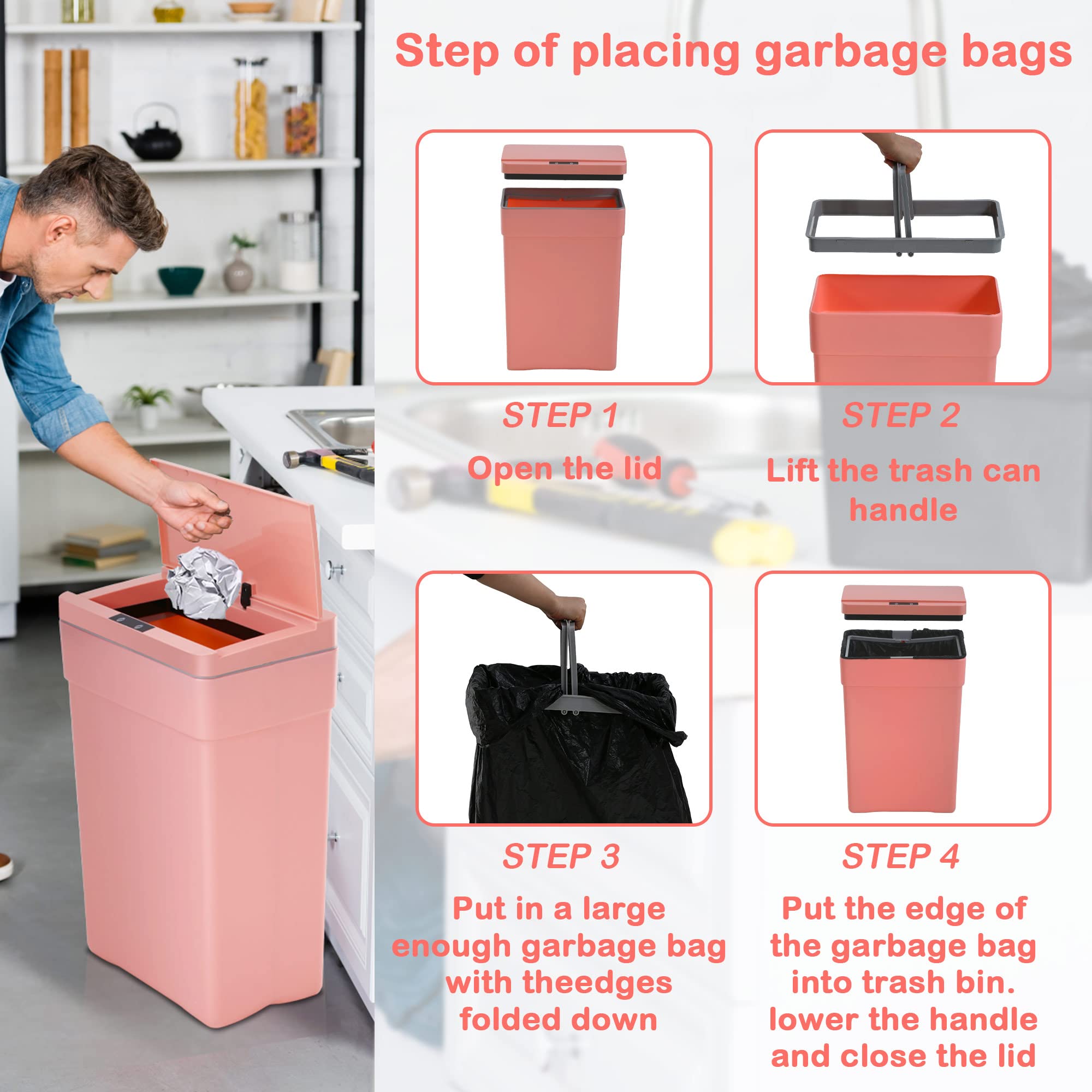 13 Gallon 50 Liter Kitchen Trash Can with Touch-Free & Motion Sensor Lid, Automatic Plastic Garbage Can, Touchless Trash Bin Automatic Trash Can for Bedroom Bathroom Home Office