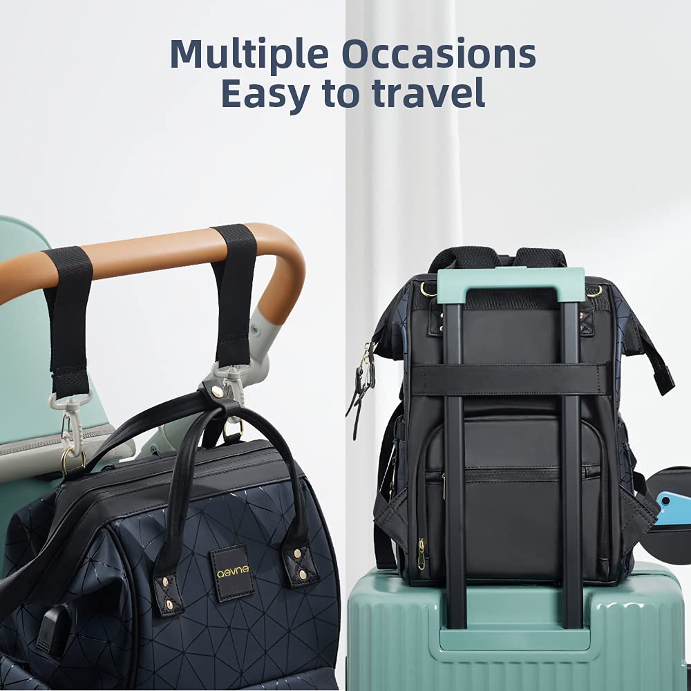Diaper Bag Backpack, AEVNE Multifunction Travel Back Pack Maternity Baby Changing Bags, Diaper Bag with USB Charging Port Stroller Straps，Large Capacity, PU Waterproof and Stylish, Dark Blue