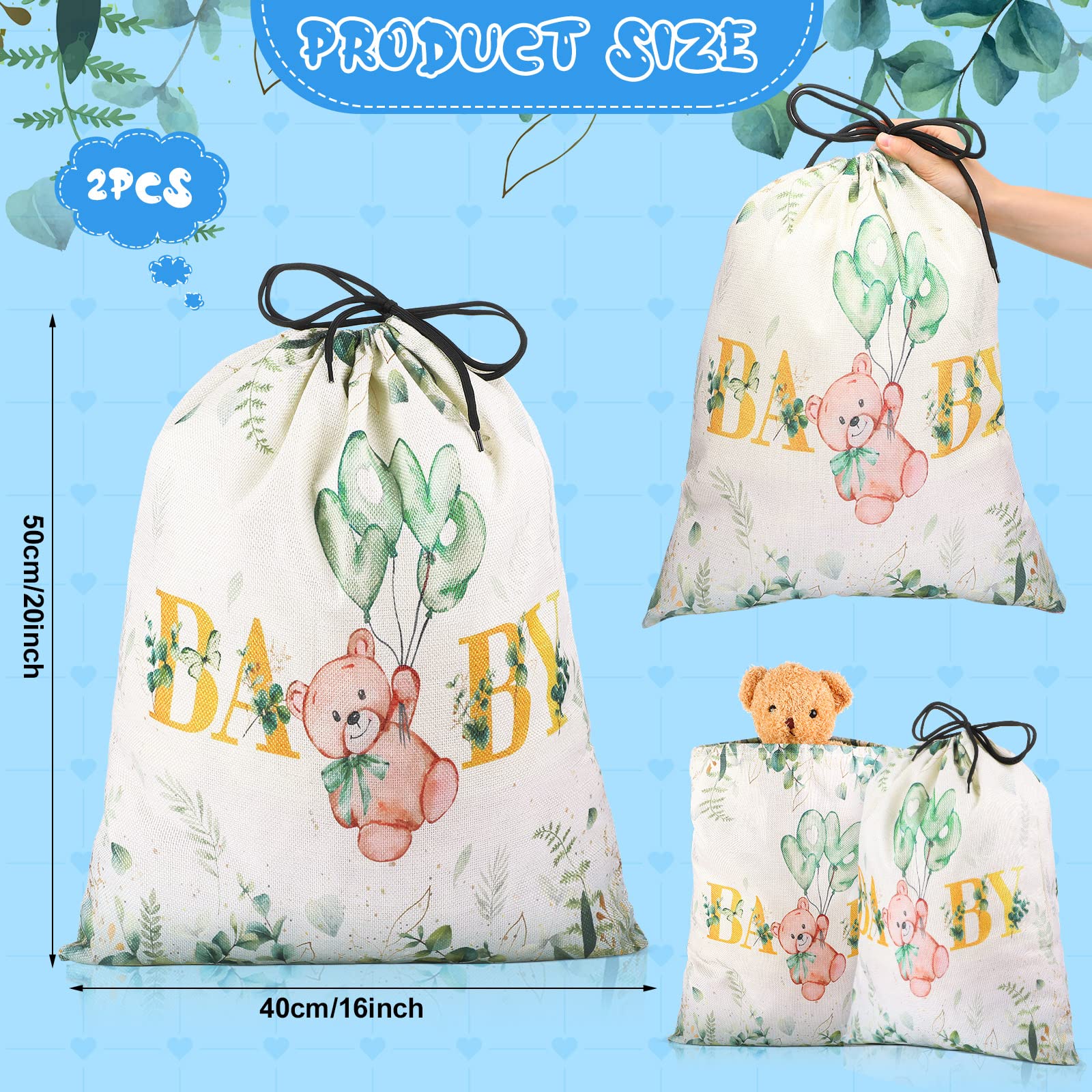 2 Pieces Large Gift Bag with Drawstring Large Canvas Gift Bags Heart Print Drawstring Present Wedding Bags Wrapping Reusable Bag Present Wrap Bags for Christmas, 20 x 16 in (Green,Baby)