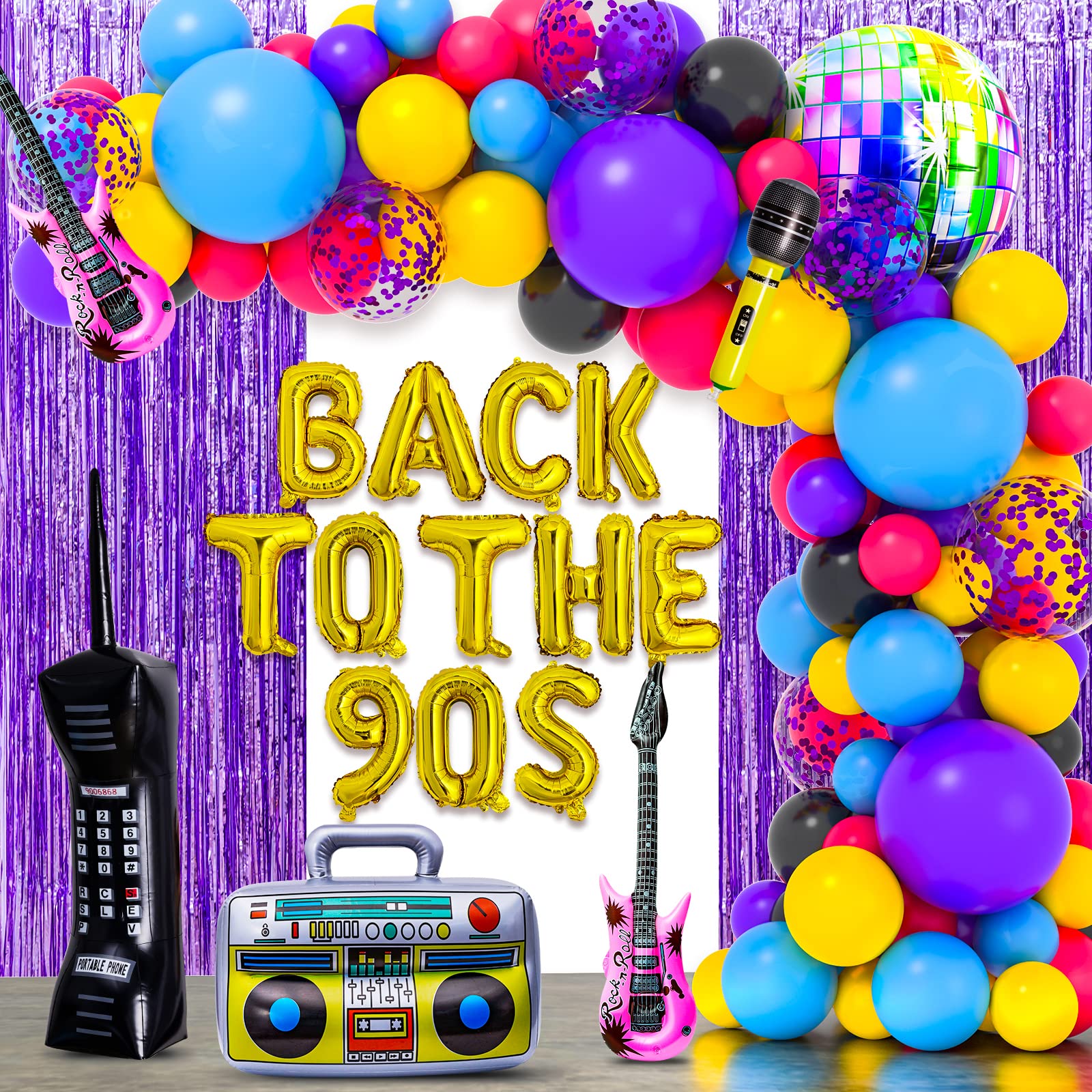 101PCS 90s Party Decorations, 90's Birthdays Party Supplies Bundle Includes Inflatable Disco Ball Radio Boom Box Retro Mobile Phone Guitar and Mobile Phone, Back to 90s Hip Hop Party for Adults