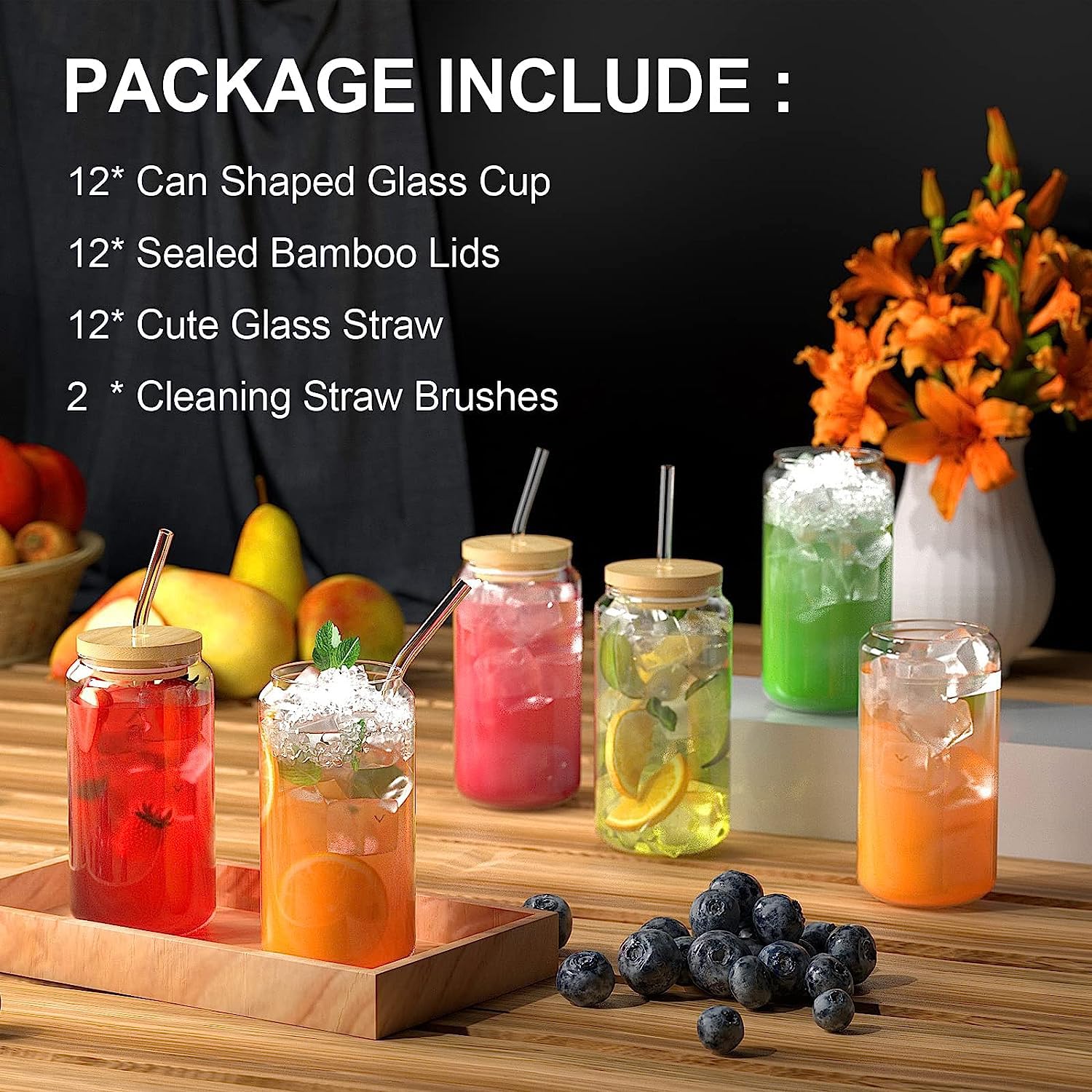 12pcs Glass Cups with Bamboo Lids and Glass Straws Set-16oz Can Shaped Drinking Glasses, Beer Glasses, Iced Coffee Glasses, Cute Tumbler Cup, Ideal for Whiskey,Cocktail,Wine,Gift-2 Cleaning Brushes