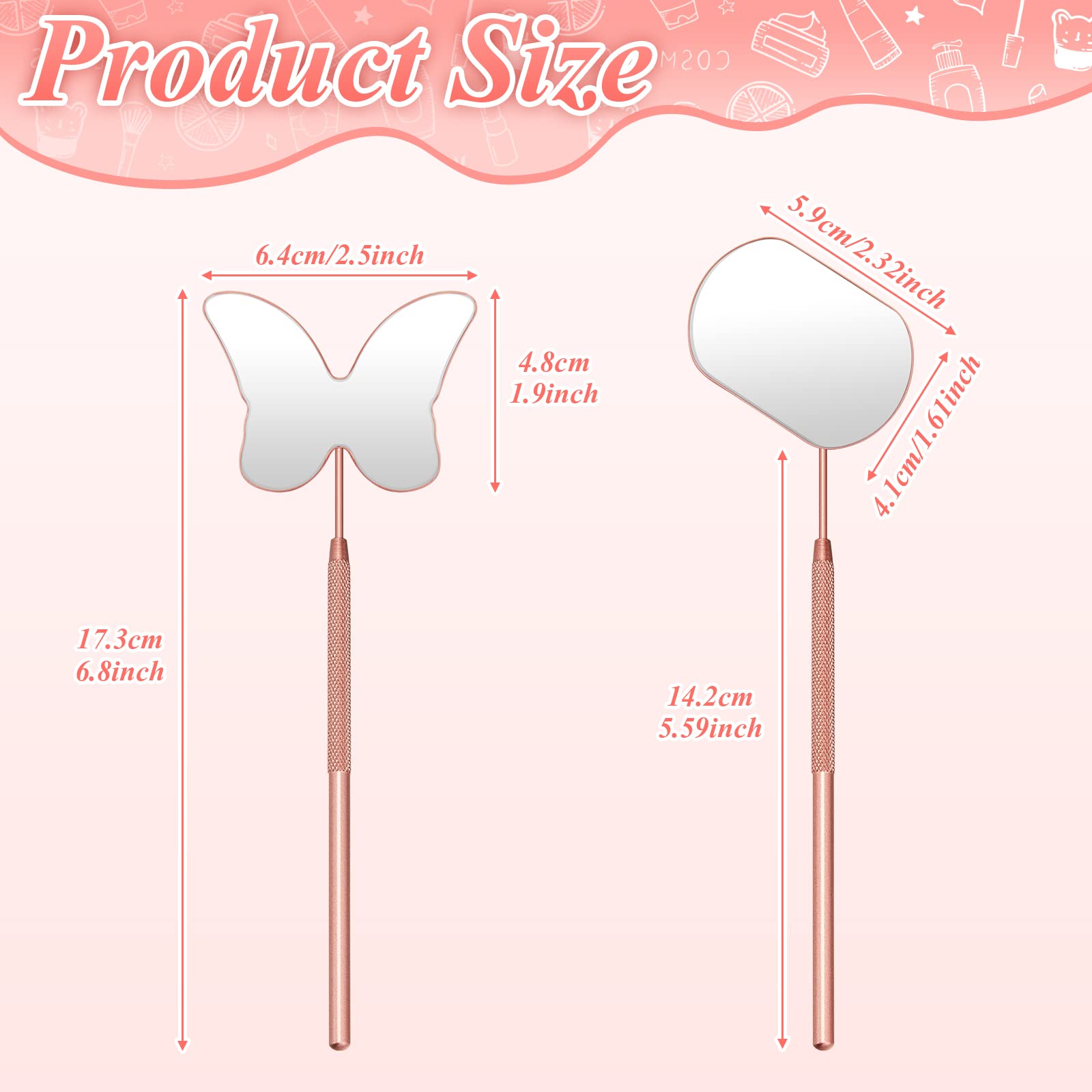 2 Pieces Lash Mirror Stainless Steel Lash Makeup Mirror Butterfly Eyelash Mirror Detachable Square Lash Extension Mirror Eyelash Extensions Accessories for Lash Extension Supplies, Pink and Rose Gold