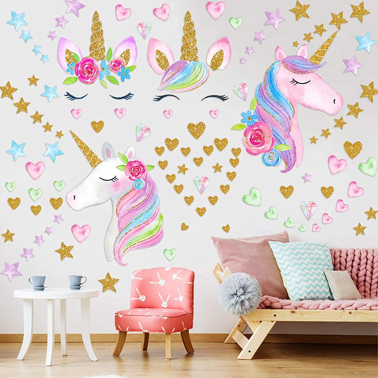 4 Sheets Unicorn Wall Decals Stickers for Girls Room,Large Size Unicorn Wall Sticker Decor for Gilrs Kids Bedroom Birthday Party…