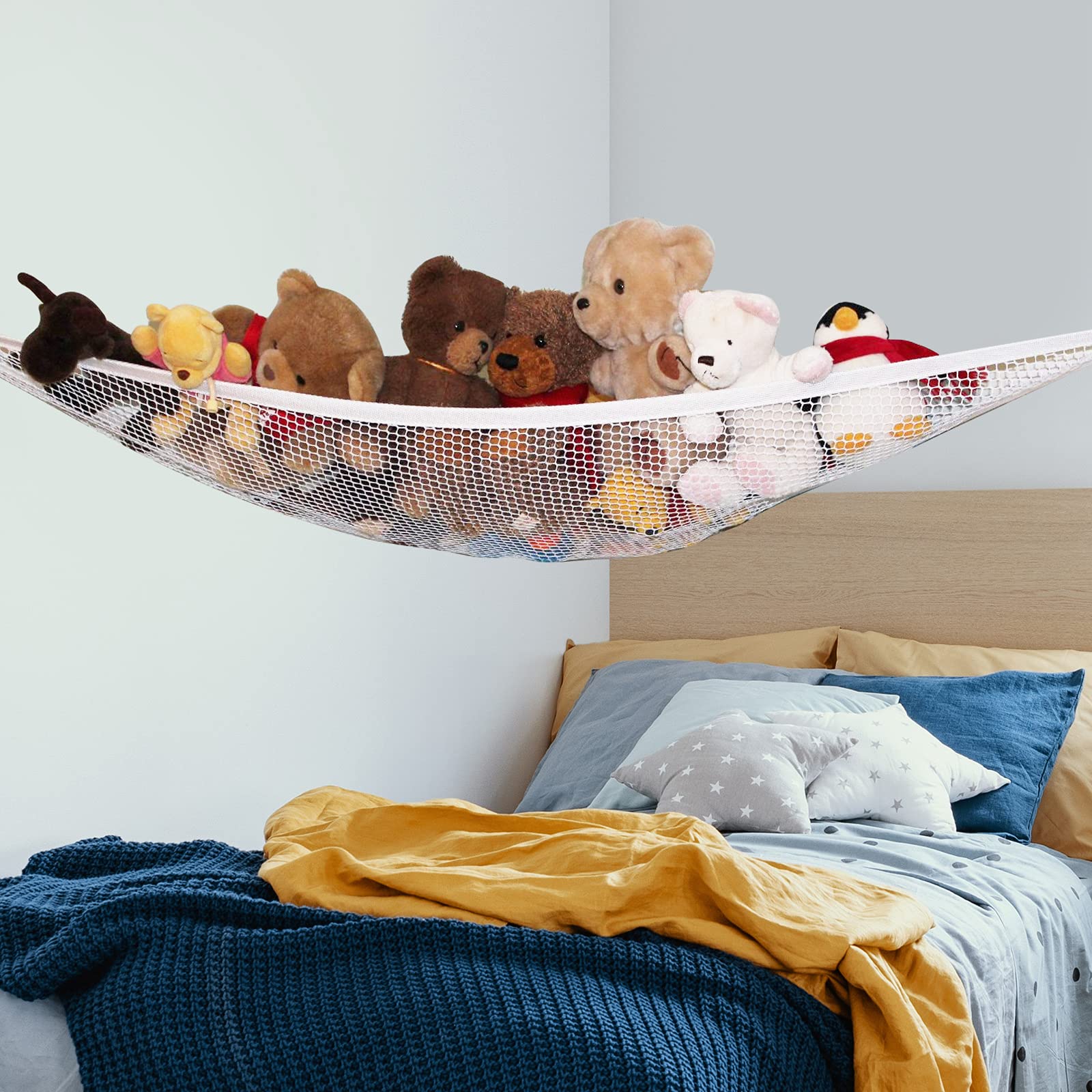 Storage Hammock Nets Toy Net Holder Stuffed Animal Hammocks Toy Mesh Hammock Jumbo Wall Sling Corner Mesh Toy Organizer with Hooks for Bedroom Plush Toys (White)