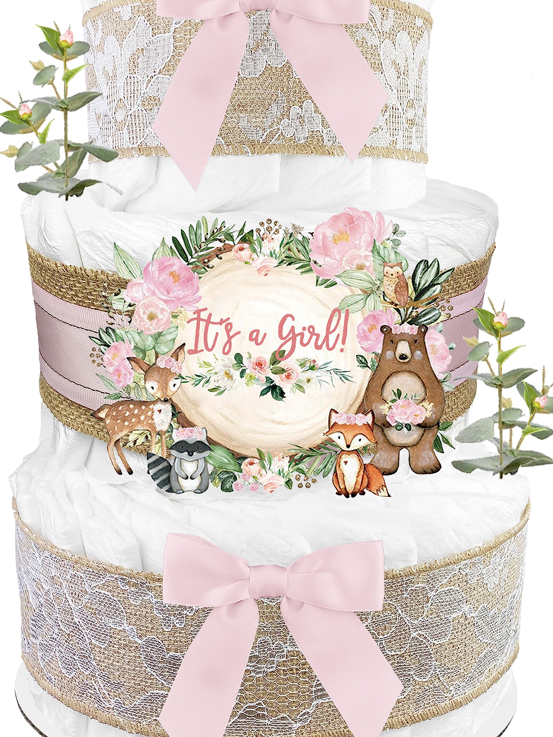 Woodland Creatures Diaper Cake - Girl Baby Gift - Burlap Pink and Sage Green