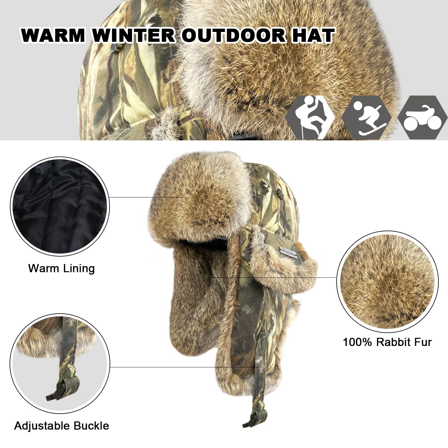 100% Real Rabbit Fur Winter Trapper Hat for Men Women Russian Fur Ushanka Aviator Hat Mens Trapper Hat with Ear Flaps Camo Brown