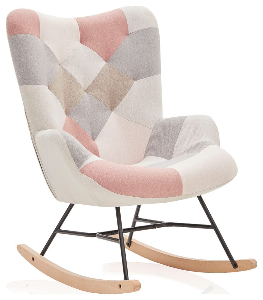 BELLEZE Colorful Patchwork Rocking Chair, Widen Nursery Rocking Chairs Comfy Linen Upholstered Glider Rocker with Solid Wood Legs for Living Room Bedroom Nursery - Paramount (Patchwork B)