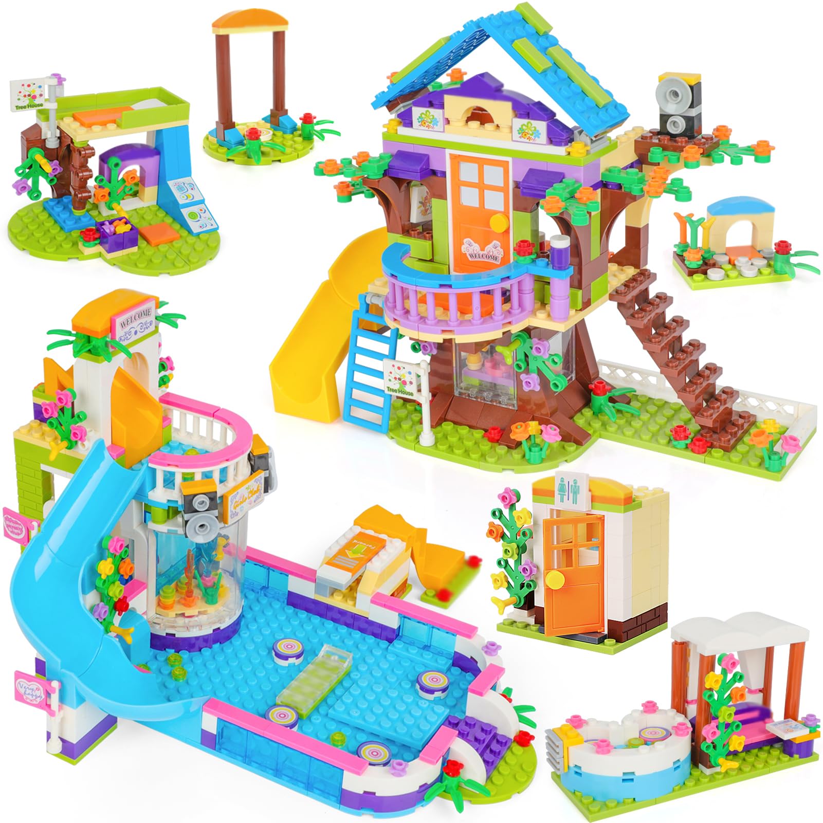 1274 Pieces Friends Tree House Summer Pool Party Building Kit, Friends Treehouse Swimming Pool Building Set with Storage Box, Creative Building Blocks Toy Birthday Gifts for Kids Girls Aged 6-12
